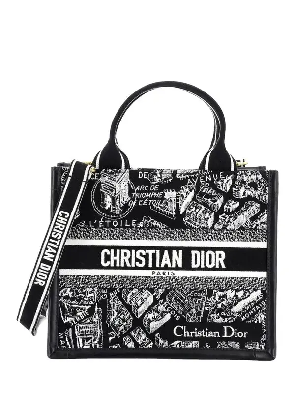 Dior Book Tote Embroidered Canvas Small Tote Bag - Black