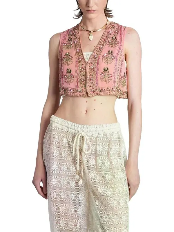 Antik Batik Sequin-embellished Embroidered Waistcoat - Pink