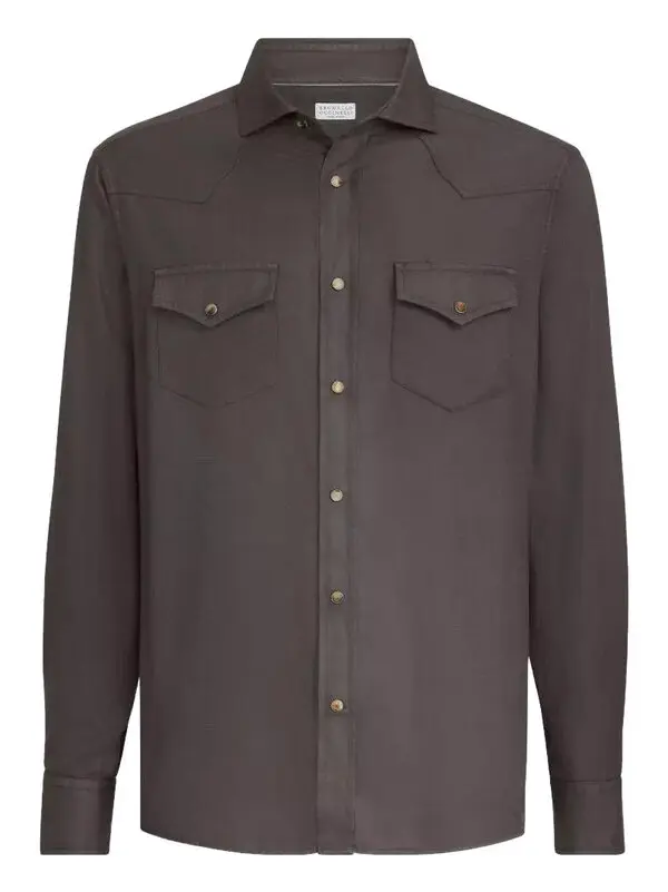 Brunello Cucinelli Garment-dyed Easy-fit Western Shirt In Cotton Chevron - Brown