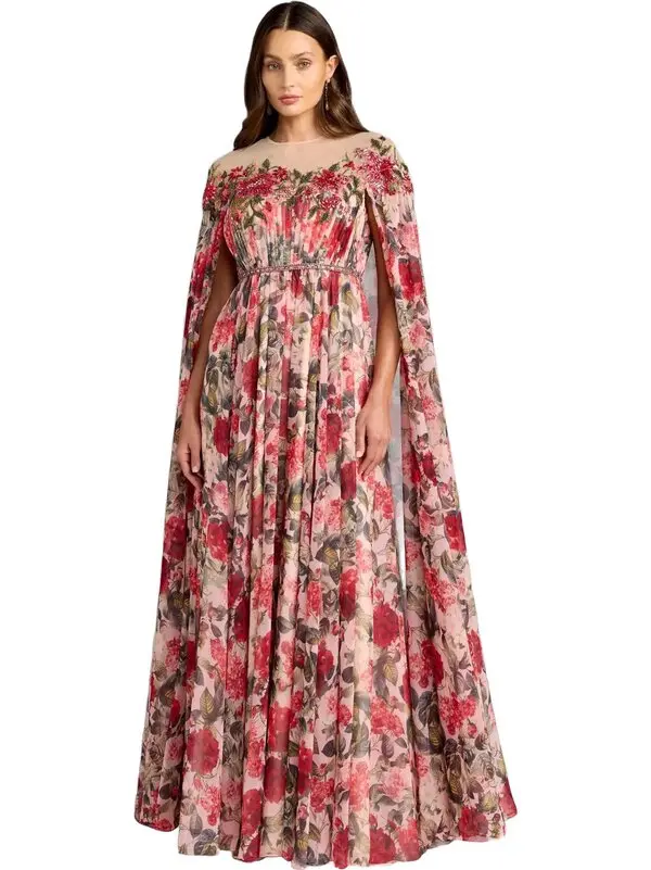 Mac Duggal Floral Printed Chiffon High Neck Cape Gown - Rose Multi