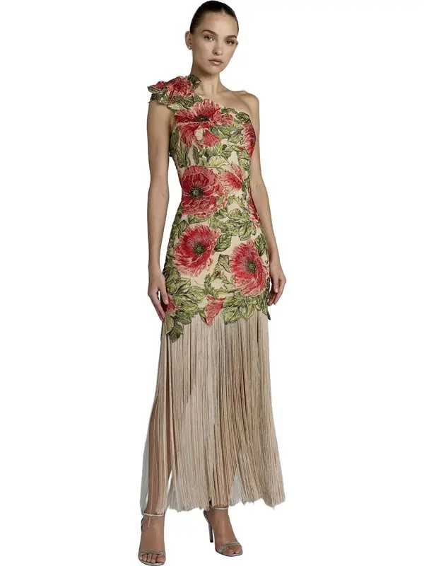 Mac Duggal Embroidered One-shoulder Fringe Gown - Nude Multi