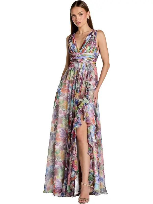Mac Duggal Floral Chiffon Gown With Ruffle Slit - Multi