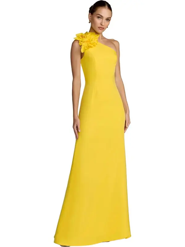 Mac Duggal One Shoulder Crepe Gown With 3d Floral - Sunshine