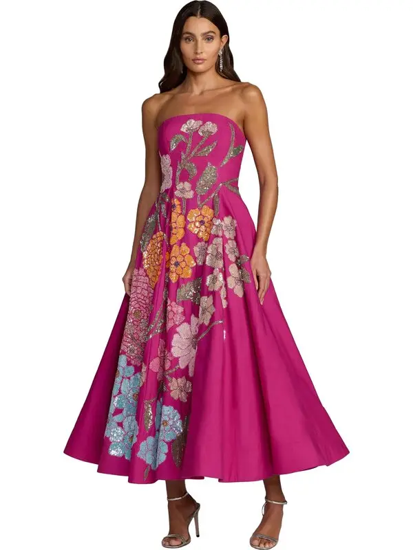 Mac Duggal Strapless Floral Embellished Midi Dress - Hot Pink Multi