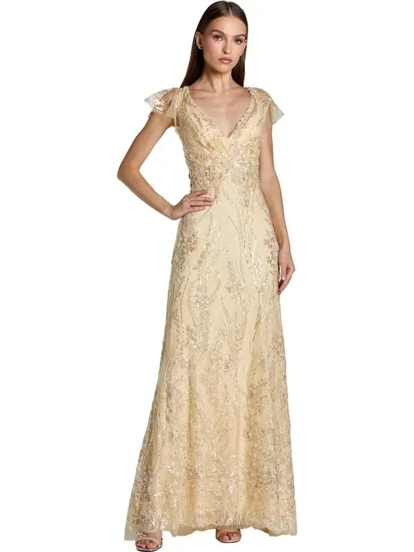 Mac Duggal V-neck Flutter Sleeve Embroidered Lace Gown - Gold