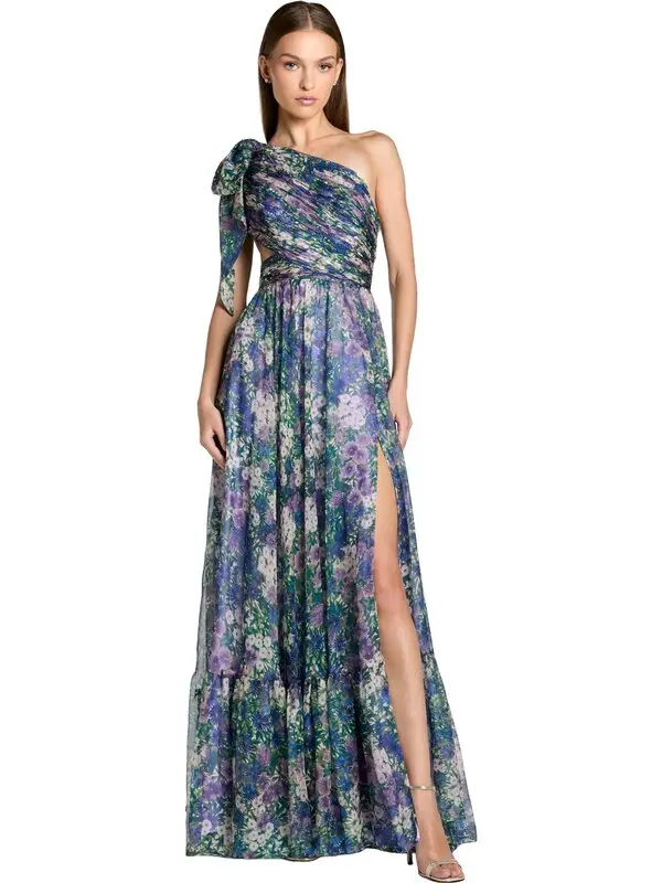 Mac Duggal Floral Printed Chiffon One-shoulder Gown With Slit - Purple