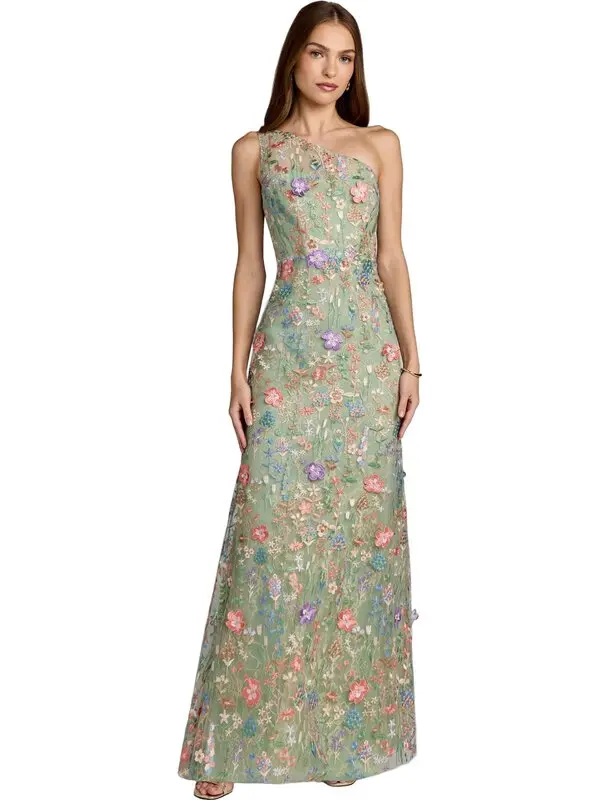 Mac Duggal Floral Embroidered One Shoulder Gown - Green