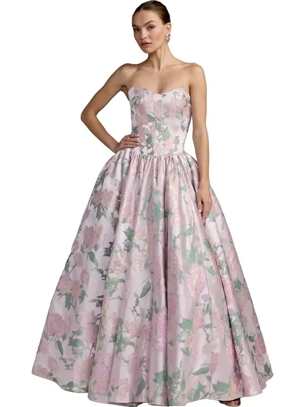 Mac Duggal Floral Strapless Ball Gown With Pockets - Pink Multi