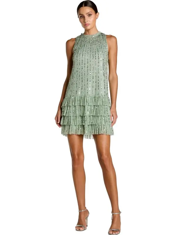 Mac Duggal Striped Sequin Tiered Ruffle Mini Dress - Sage