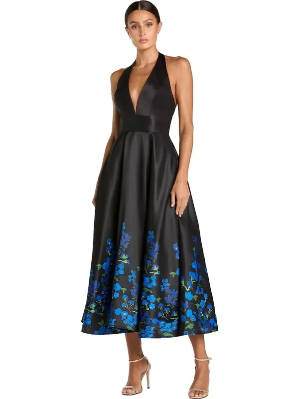 Mac Duggal Floral-printed Halter Neck Midi Dress - Black Multi