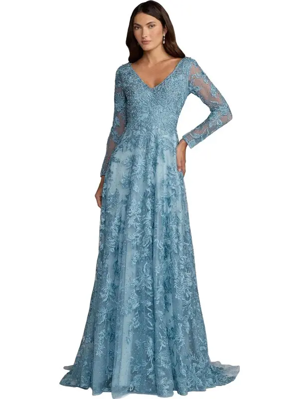 Mac Duggal Embroidered Long Sleeve A-line Gown - Blue