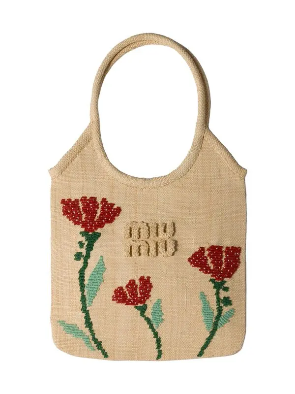 Miu Miu Ivy Raffia Handbag - Tan/red