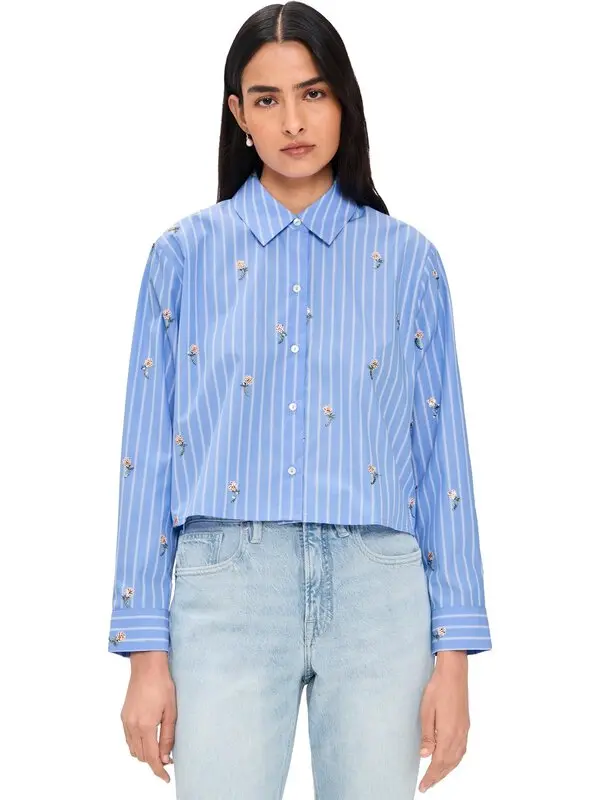L'Agence Cosette Crop High-low Shirt - Blue Stripe/sequin Flower