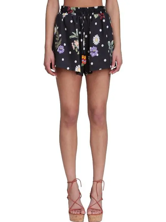Avec Les Filles Floral Print Drawstring Short - Black Scattered Botanical