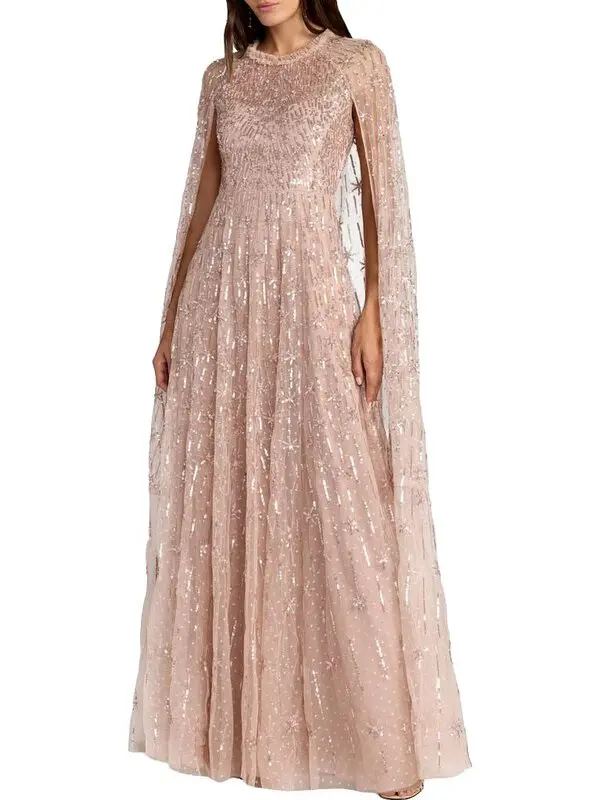 Mac Duggal Embellished Mesh Column Gown With Cape Sleeves - Rose