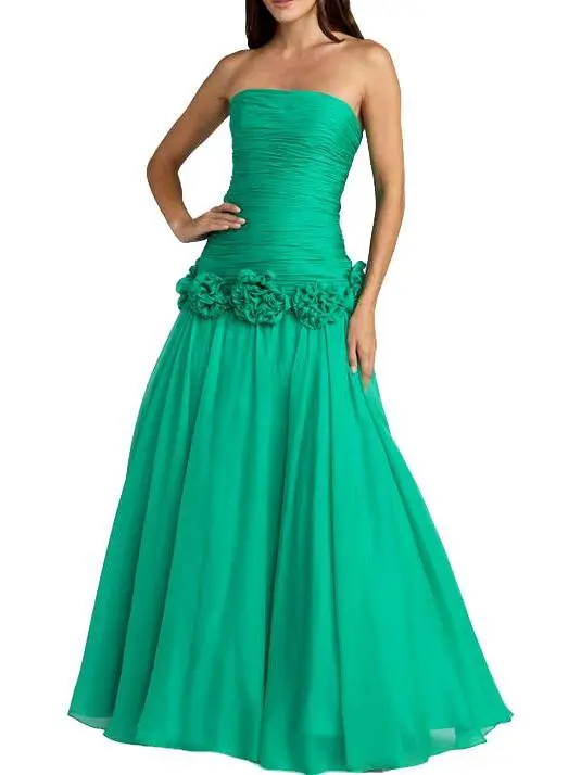 Mac Duggal Strapless Chiffon Floral Applique Ball Gown - Spring Green