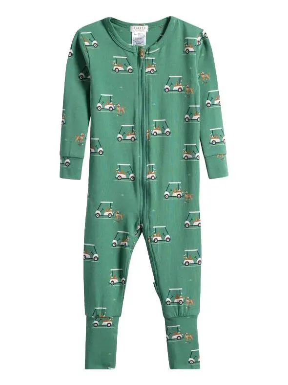 PETIT LEM Golf Carts On Spruce Fitted Stretch Organic Cotton Blend Convertible Footie Pajamas - Dark Green