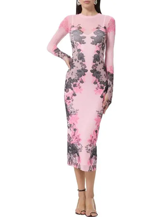 AFRM Ashland Print Long Sleeve Mesh Midi Dress - Lace Net
