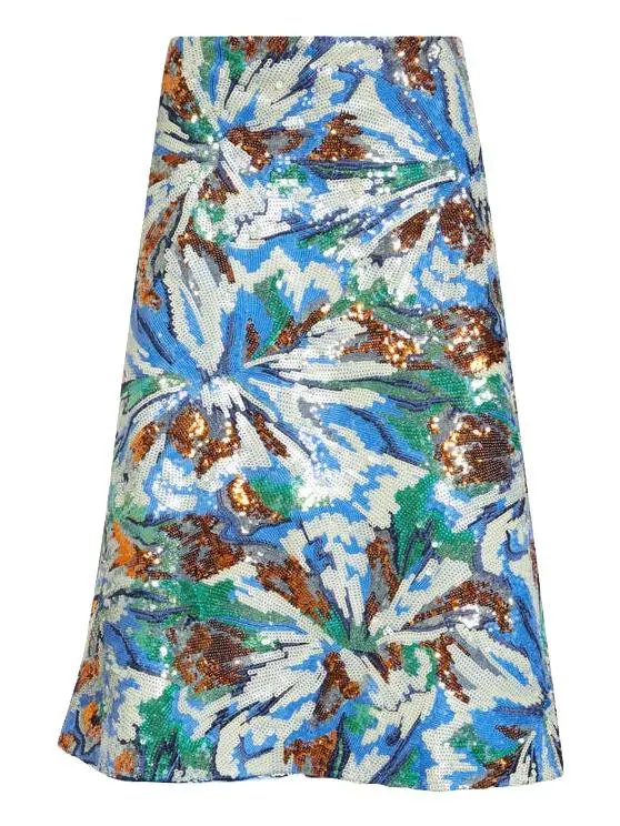 Rabanne Sequin Embroidered Floral Skirt - Abstract Flowers Blue/or