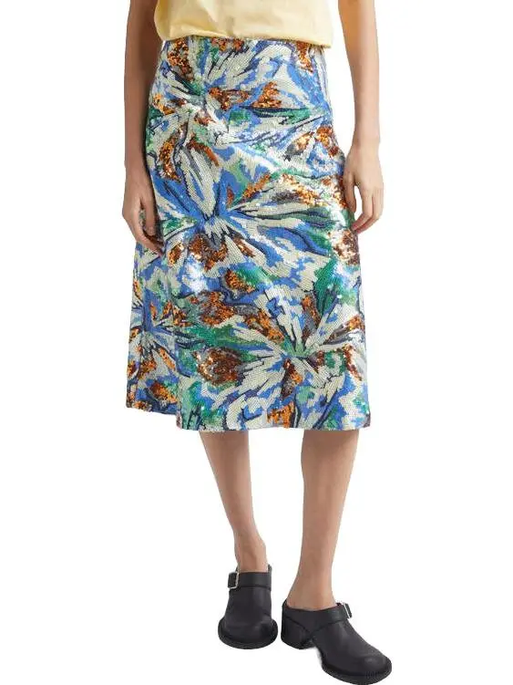 Rabanne Sequin Embroidered Floral Skirt - Abstract Flowers Blue/or