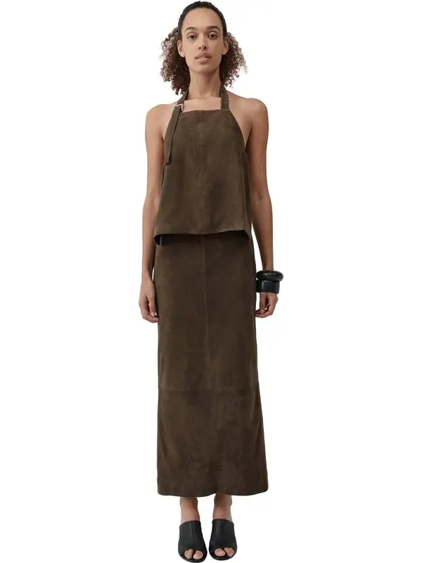 ST. AGNI Suede Column Maxi Skirt - Khaki