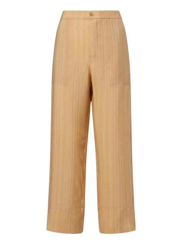 Saint Laurent Striped Cropped Silk Straight Pants - Beige