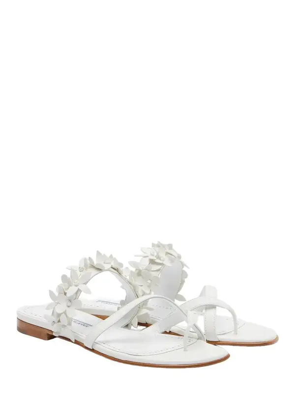 Manolo Blahnik Fiosa Appliqué Leather Thong Sandals - White