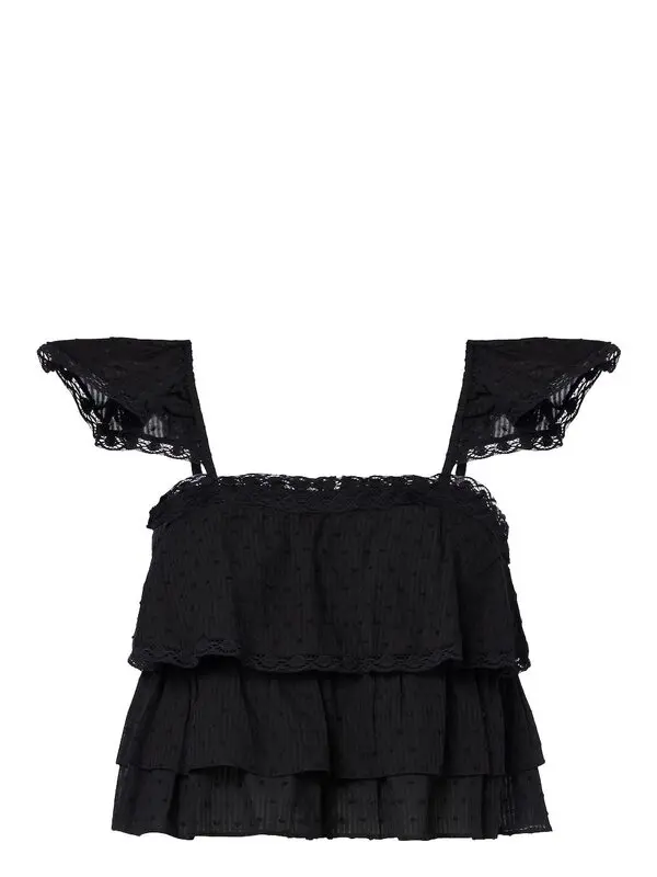 Poupette St Barth Anya Ruffled Cotton Crop Top - Black