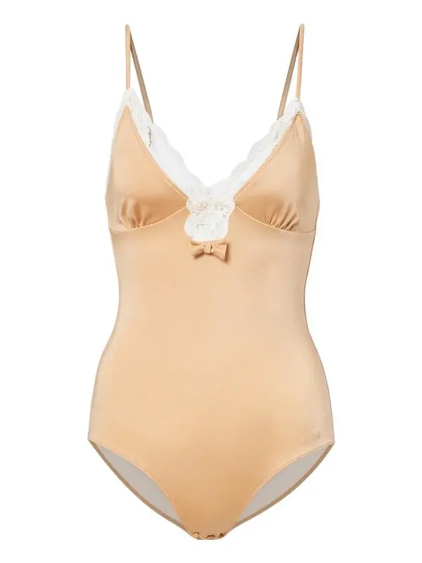 Chloé Bow-detail Lace-trimmed Bodysuit - Beige