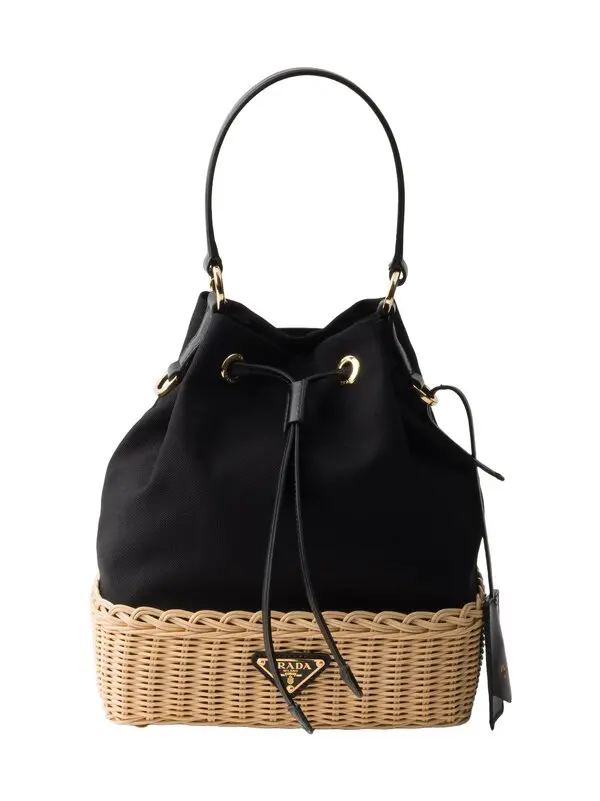 Prada Wicker And Canvas Bucket Bag - Neutral