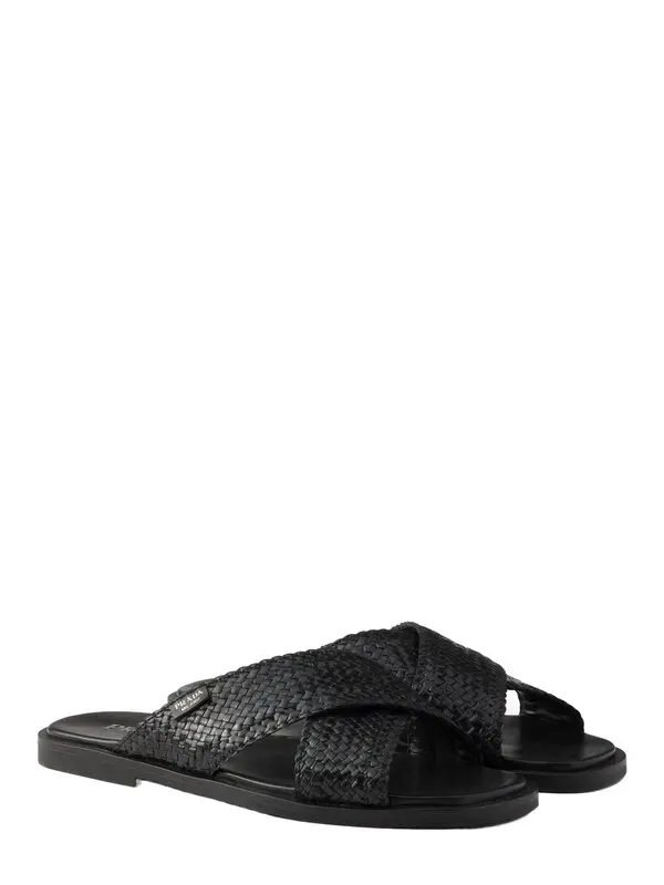 Prada Crisscross Leather Slides - Black
