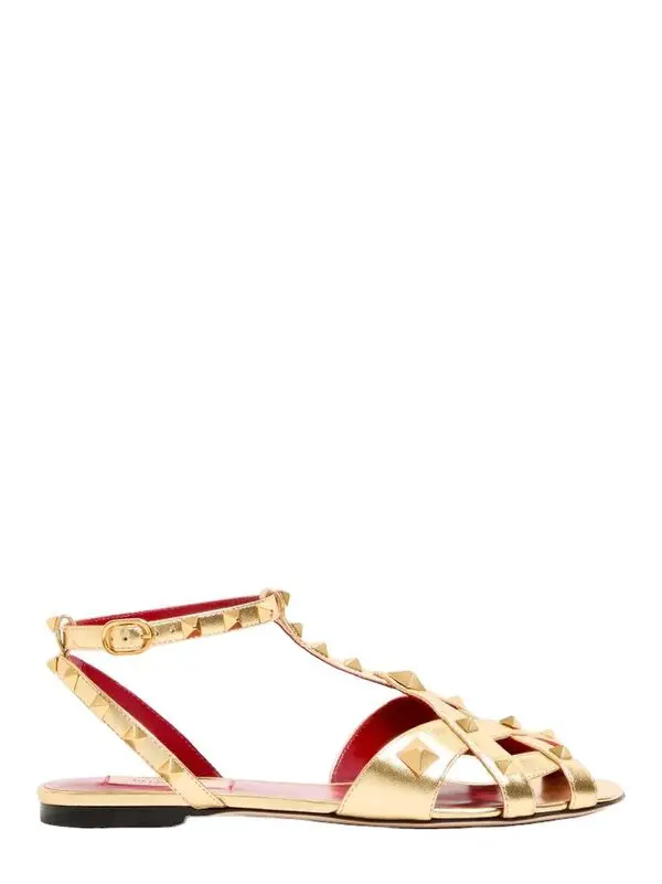 Valentino Garavani Studdy Sandal In Laminated Nappa - Antique Brass