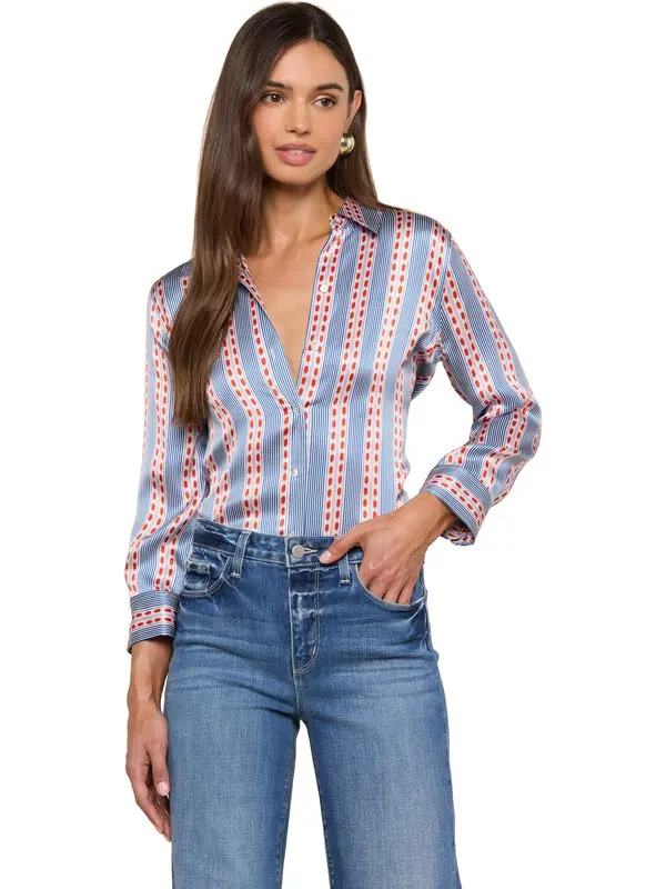 L'Agence Dani Silk Blouse - Blue/red Textured Stripe Print