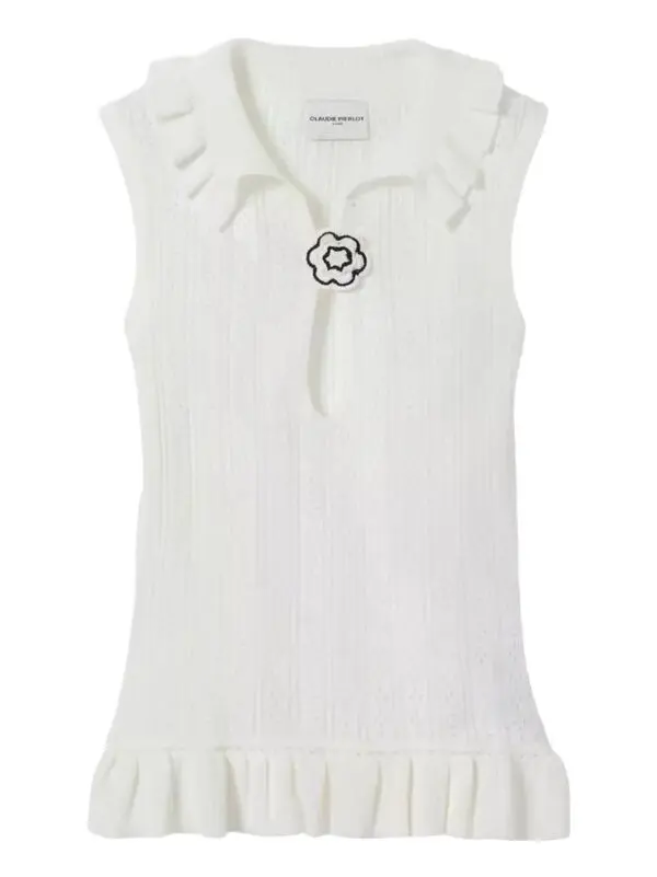 Claudie Pierlot Ruffled Pointelle-knit Polo Top - White