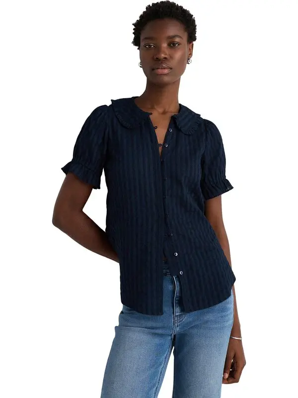 Quince Embroidered Cotton Ruffle Collar Short Sleeve Blouse - Solid Navy