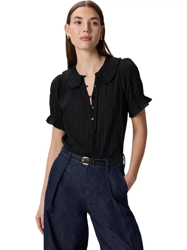 Quince Embroidered Cotton Ruffle Collar Short Sleeve Blouse - True Black