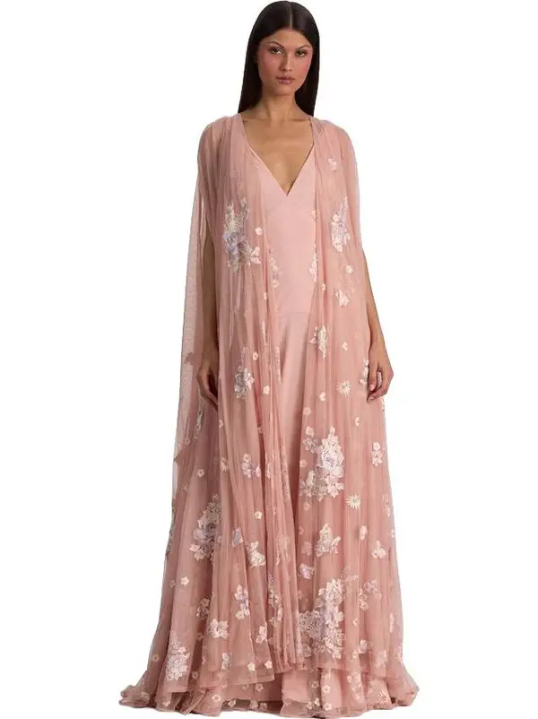 Alice + Olivia Azriella Embroidered Maxi Gown Cape - Red