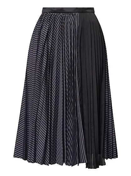 Sacai Striped Pleated Cotton-blend Midi Skirt - Navy Stripe Black