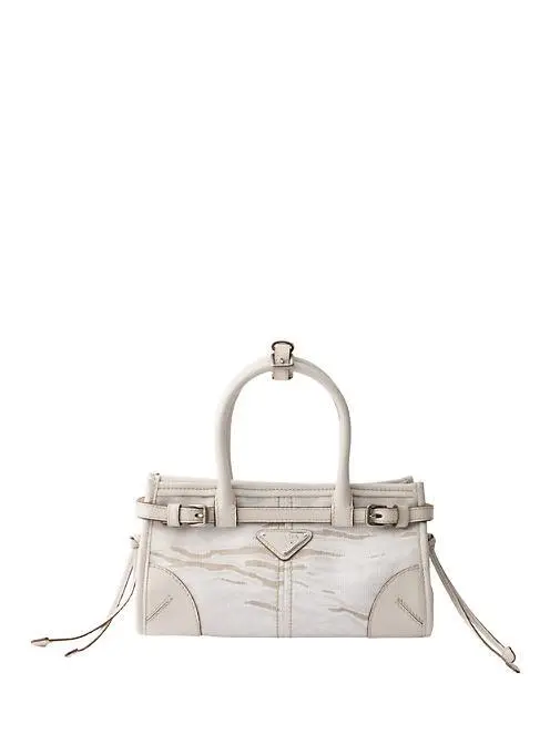 Prada Printed Linen And Leather Shoulder Bag - White