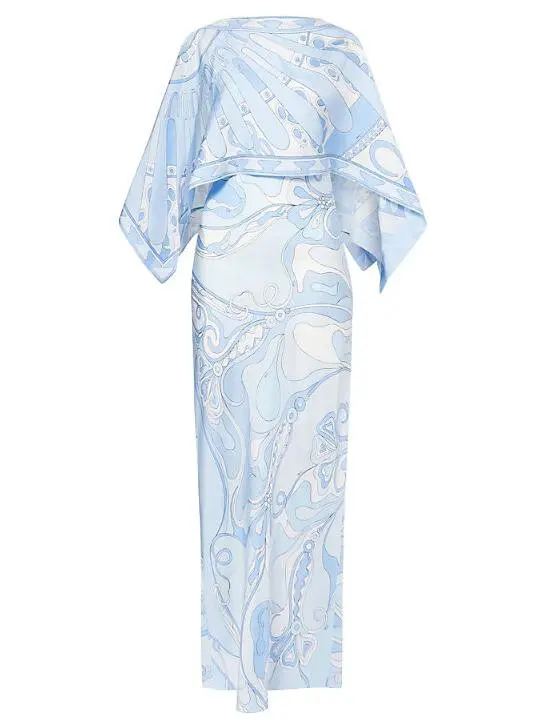 Emilio Pucci Graphic-print Silk Maxi Dress With Cape Effect - Pale Blue