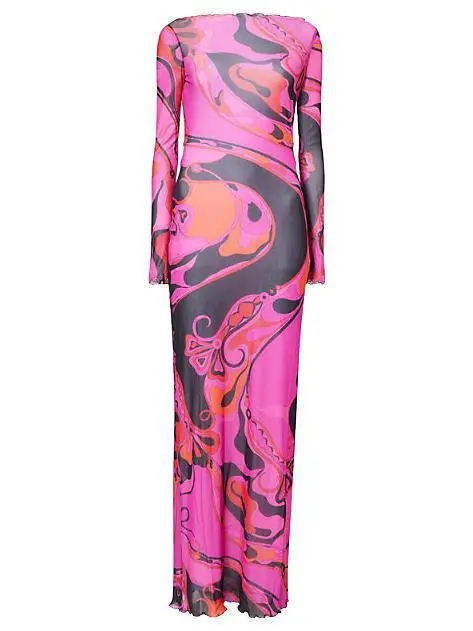 Emilio Pucci Long-sleeve Printed Tulle Maxi Dress - Fuchsia Black