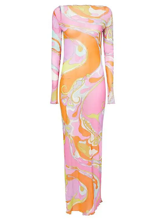 Emilio Pucci Long-sleeve Printed Tulle Maxi Dress - Multicolor