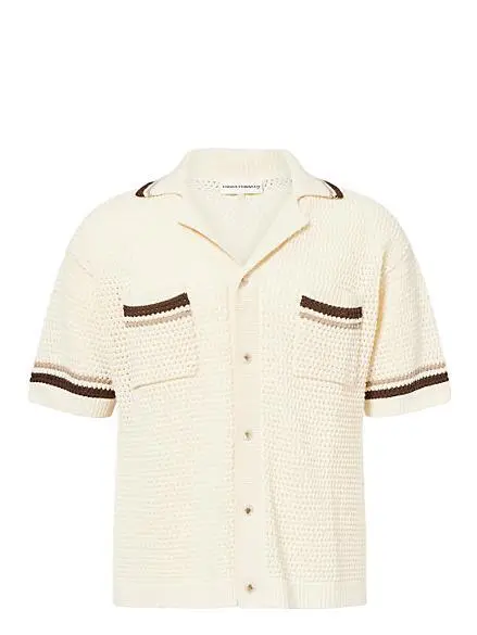 THE COUTURE CLUB Camp-collar Striped Cotton-crochet Shirt - Stripe Offwhite