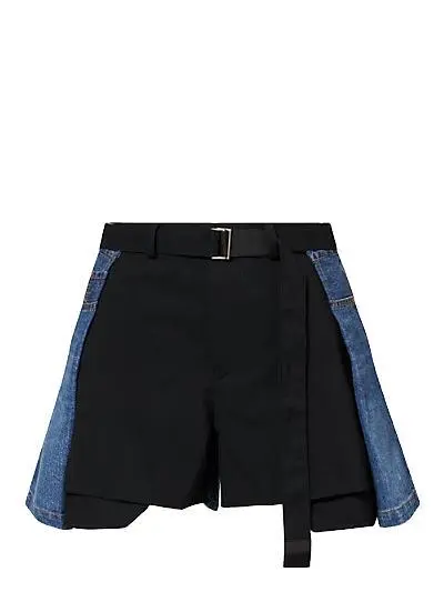 Sacai Contrasting-panel Belted Wool Shorts - Black Blue