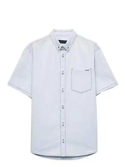 Prada Brand-embroidered Chest-pocket Cotton-chambray Shirt - Light Blue