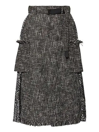 Sacai Pleated Graphic-pattern Tweed Midi Skirt - Black