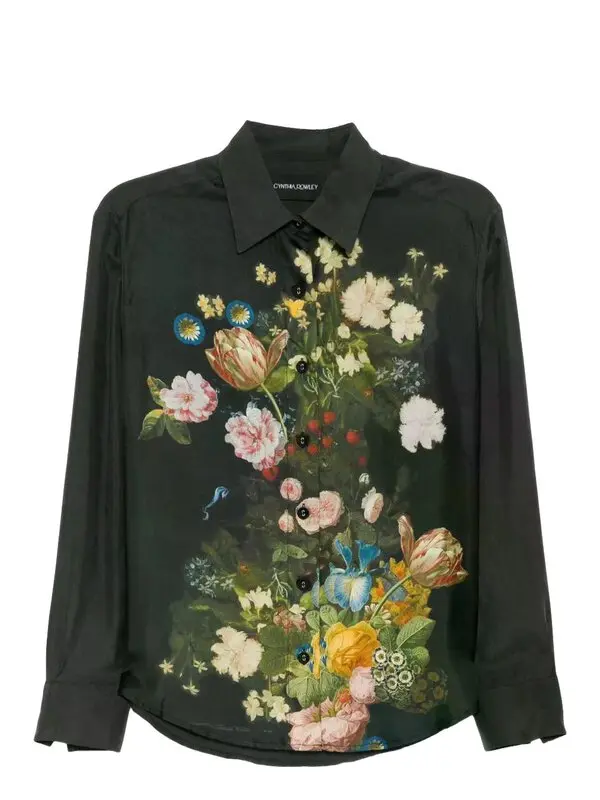 Cynthia Rowley Floral Printed Silk Shirt - Grey