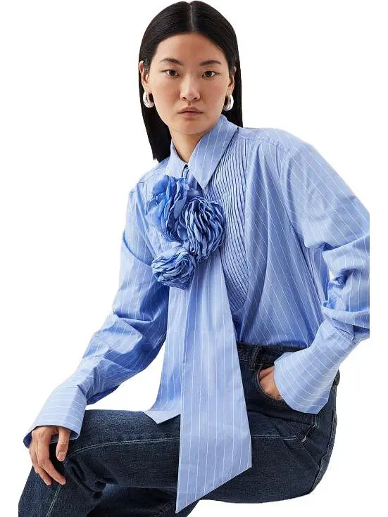 Karen Millen Striped Cotton Tie-neck Rosette Shirt - Blue