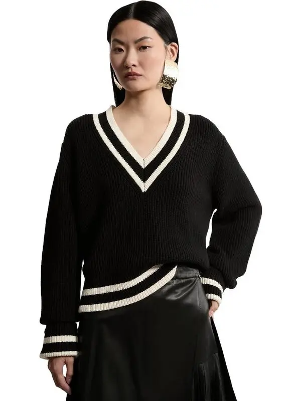 Karen Millen Cotton V-neck Boxy Jumper - Black