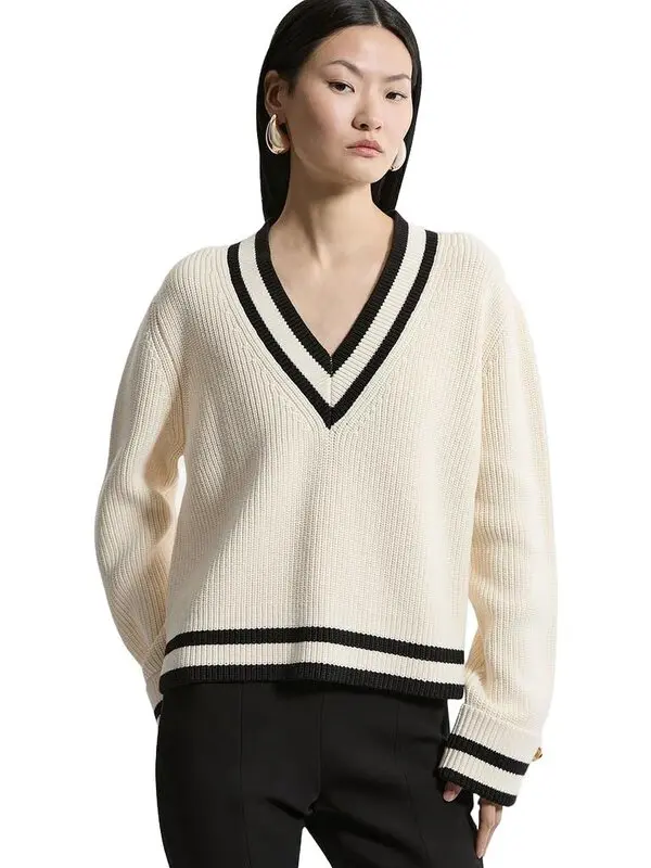 Karen Millen Cotton V-neck Boxy Jumper - Ivory